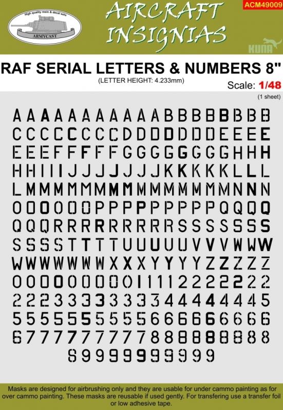 Armycast ACM49009 RAF serial letters and Numbers 8"(4,233mm)