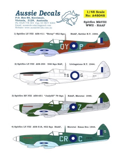 Aussie Decals A48048 Supermarine Spitfire MKVIII (WW2 RAAF)