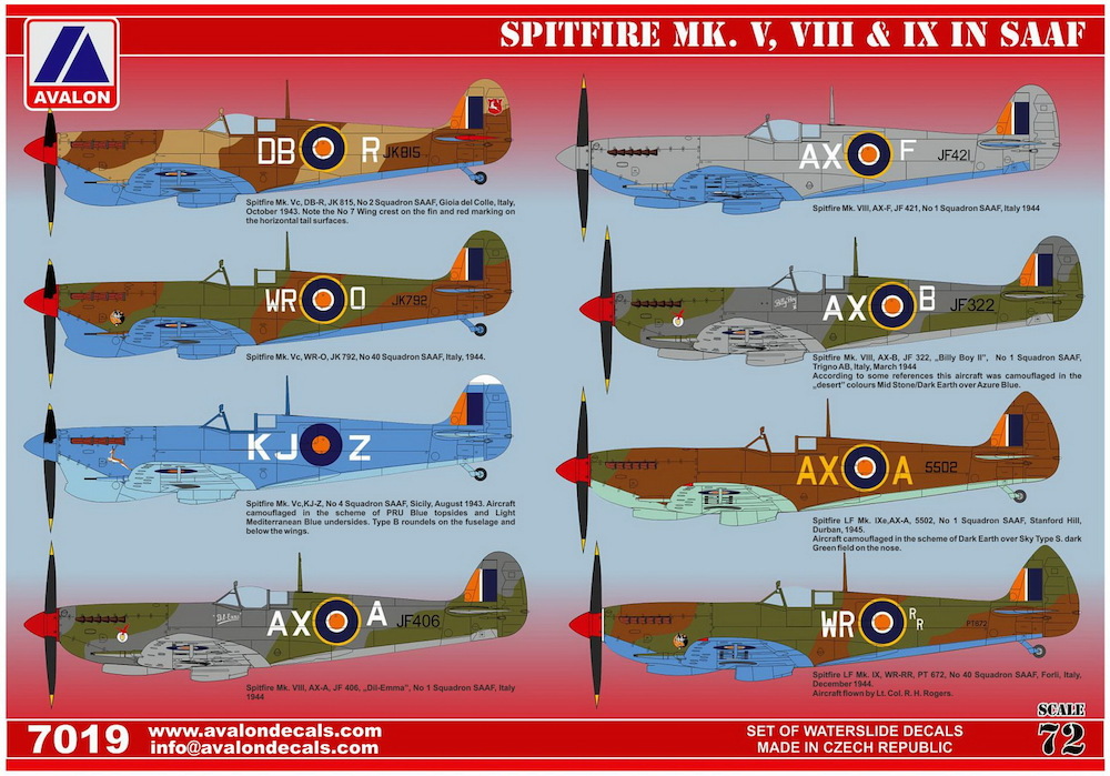 Avalon Decals 7019 Spitfire MKV, MKVIII, MKIX in South African AF