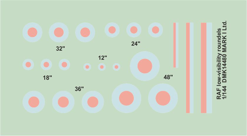 Mark 1 decals DMK14480 RAF Lo-Viz Roundels and fin flashes - pale